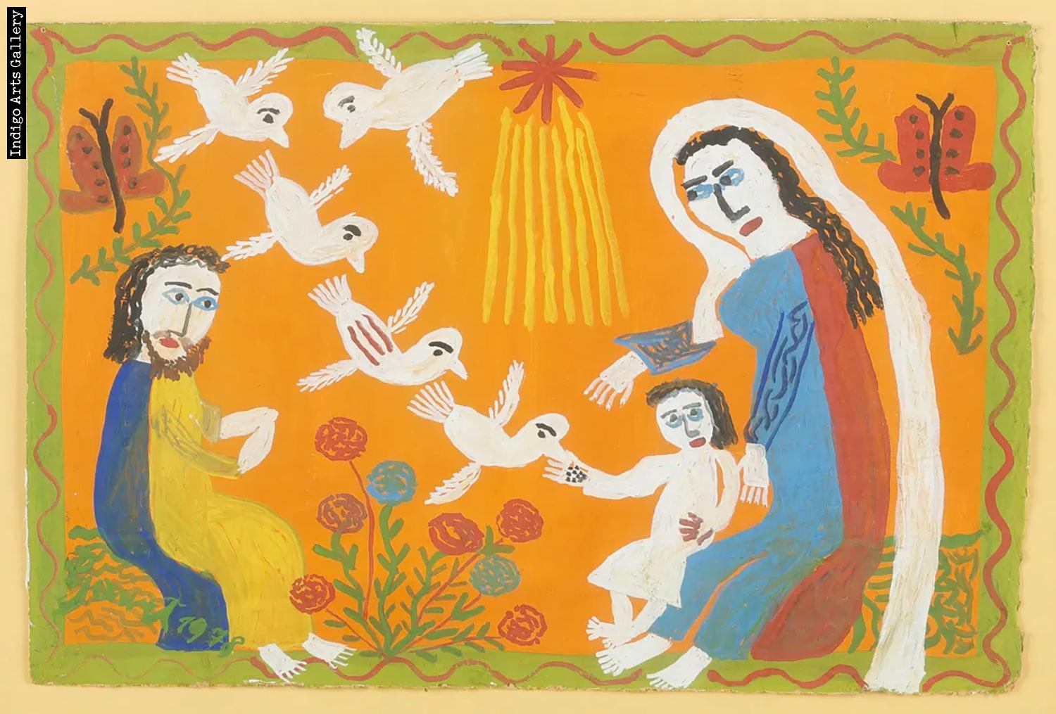 Holy Family with Christ child receiving flock of doves | Indigo Arts